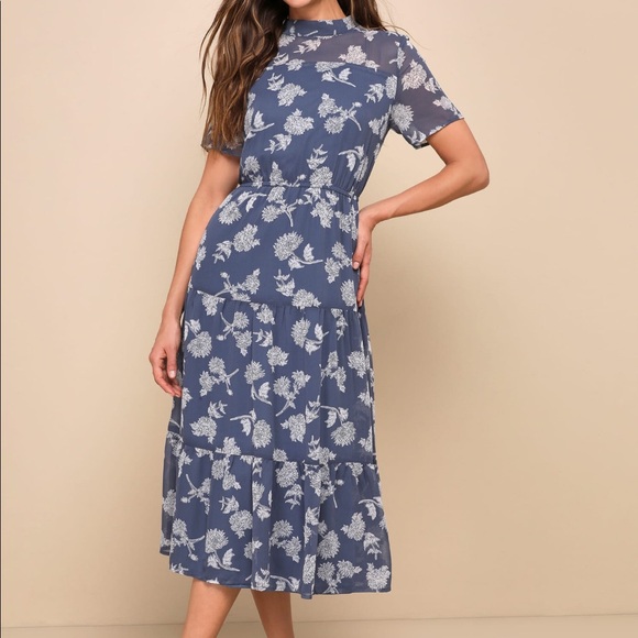 Lulus | Dresses | Lulus Dusty Blue Floral Print Midi Dress | Poshmark